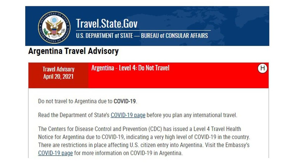 Argentina en lista de países que EEUU recomienda no viajar