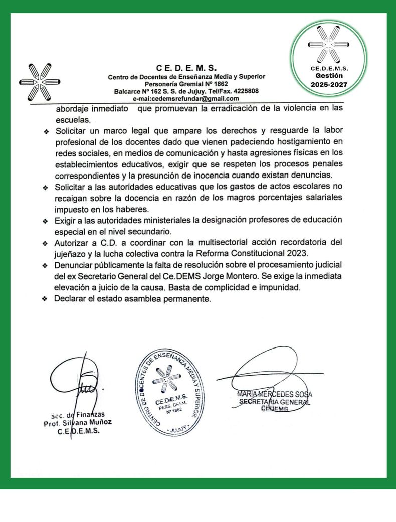 Paro del CEDEMS por 24hs para este martes 17 de junio