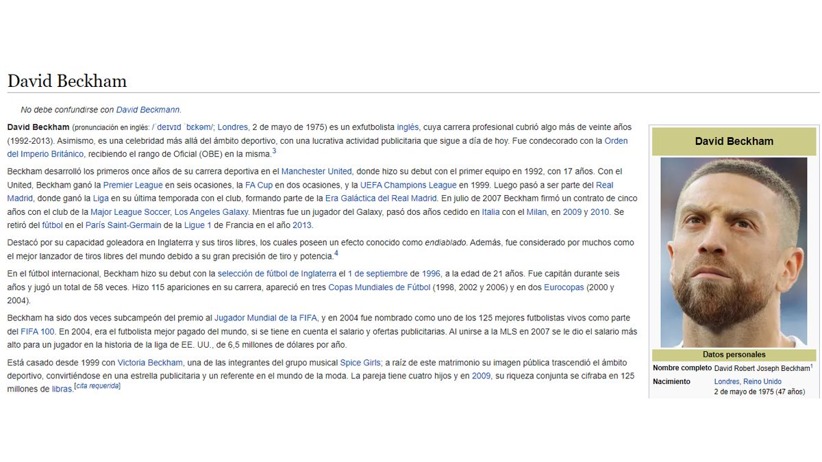 Mundial Qatar 2022: la foto de Beckham en Wikipedia