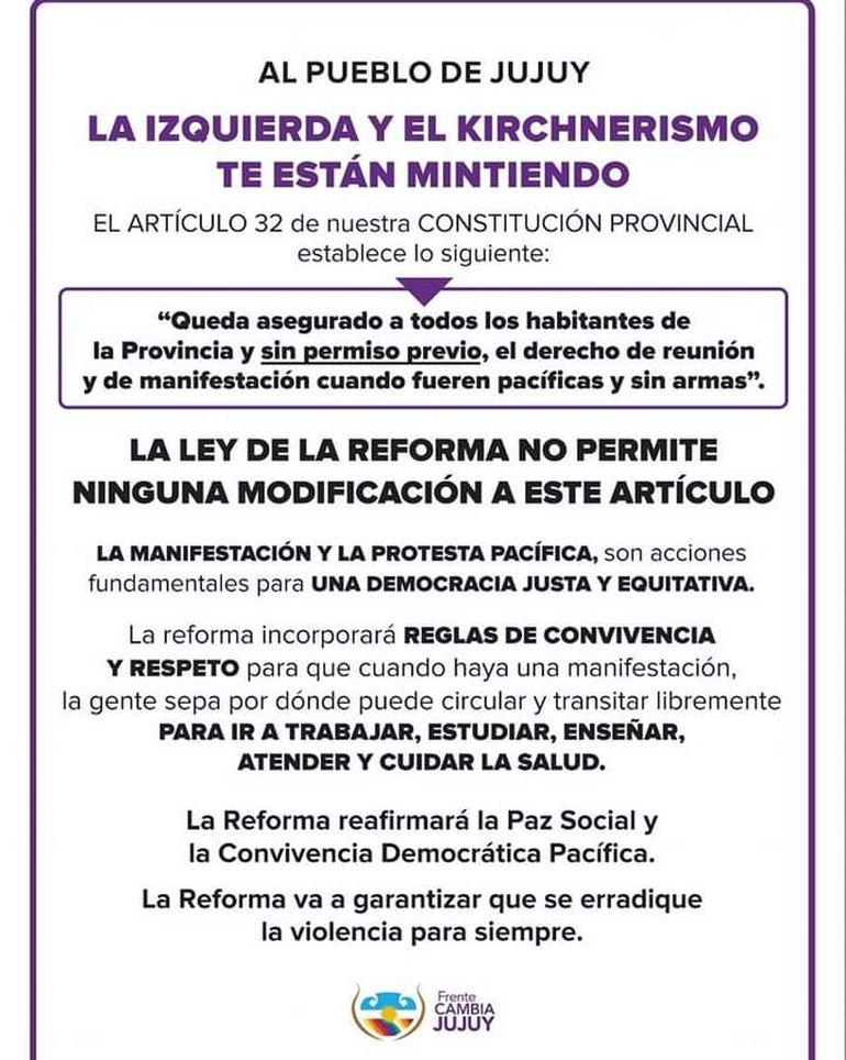 El Frente Cambia Jujuy aclaró sobre el ártículo 32 de la Constitución