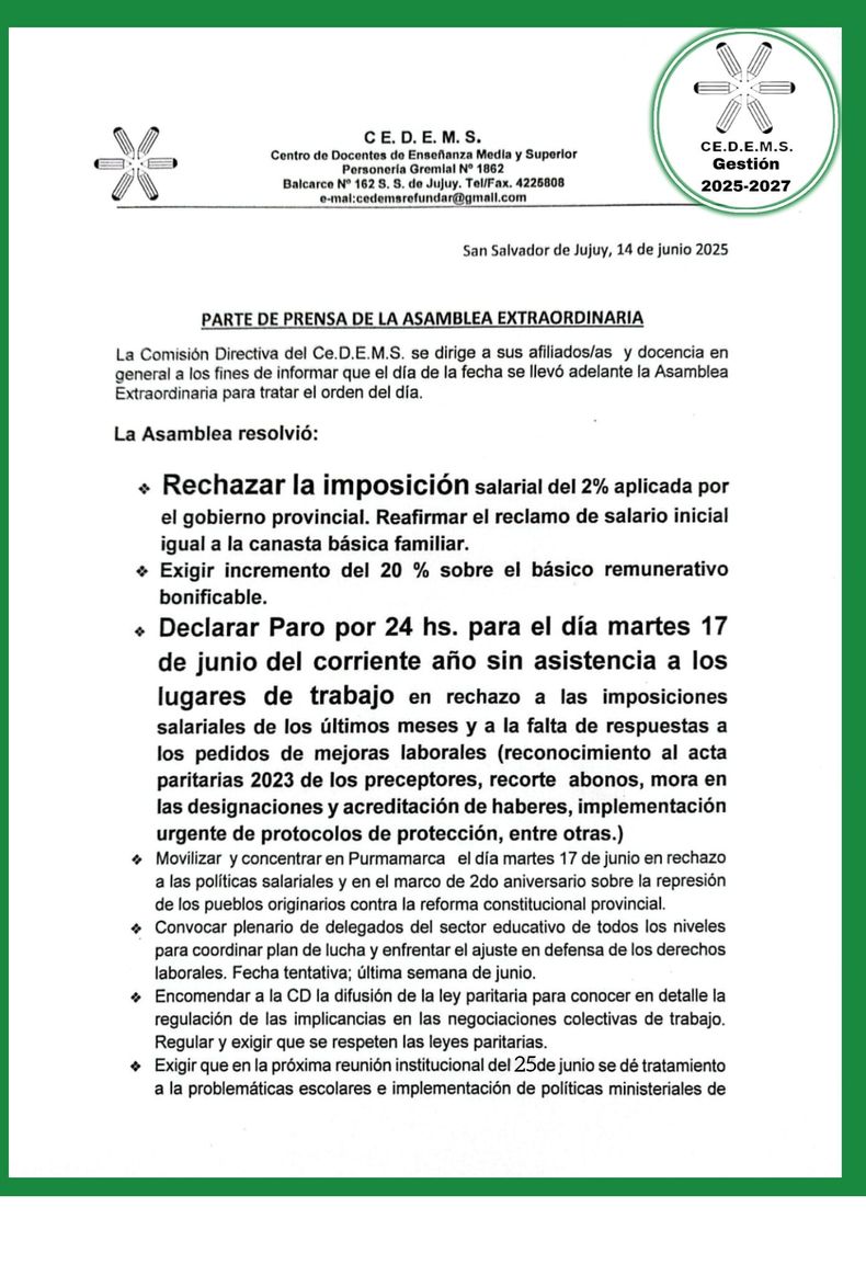 Paro del CEDEMS por 24hs para este martes 17 de junio