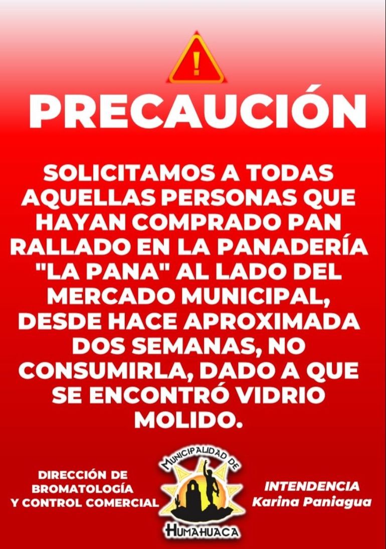 Humahuaca: precaución por vidrio molido en pan rallado